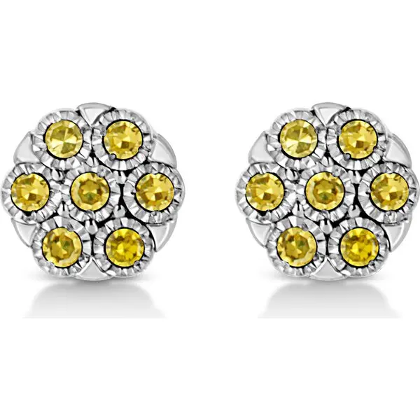 HAUS OF BRILLIANCE Silver 1/4 Ct Treated Color Diamond Cluster Flower Earrings - White | Yellow Diamond
